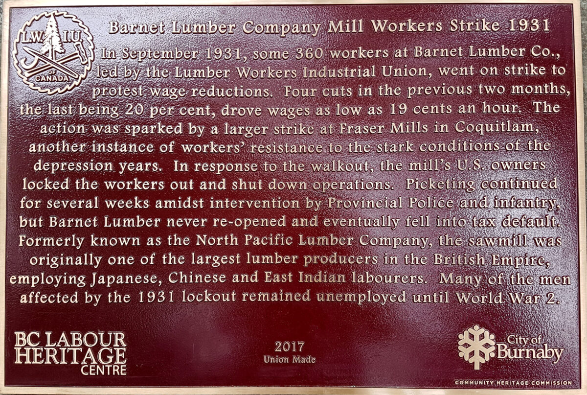 Plaque: Barnet Lumber Mill Workers Strike | Burnaby